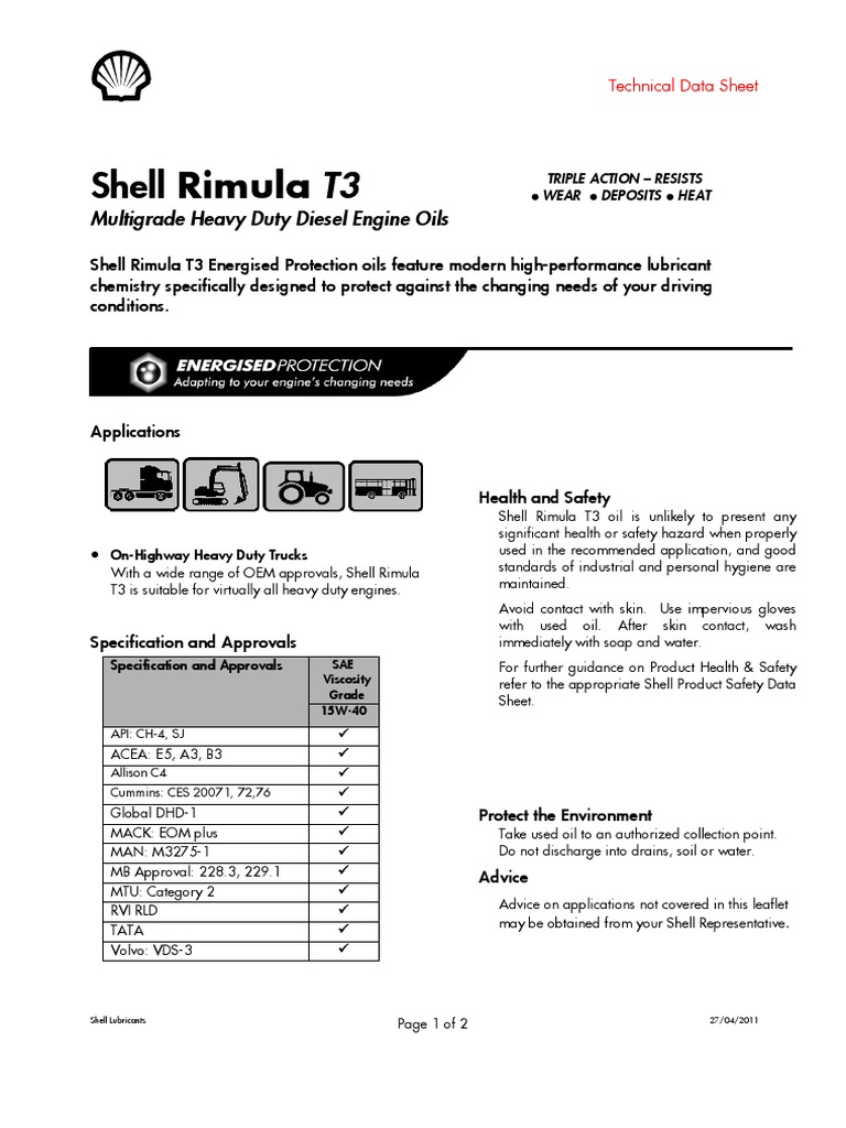 Shell Rimula T3: Multigrade Heavy Duty Diesel Engine Oils | PDF ...