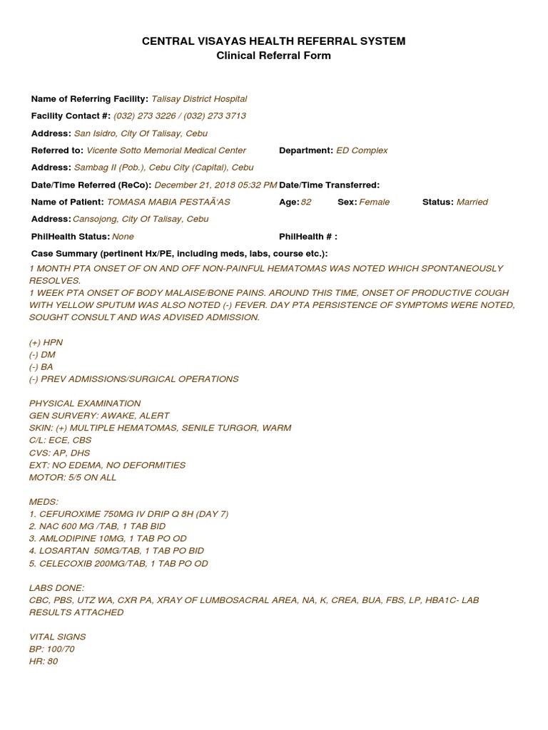 Central Visayas Health Referral System Clinical Referral Form | PDF