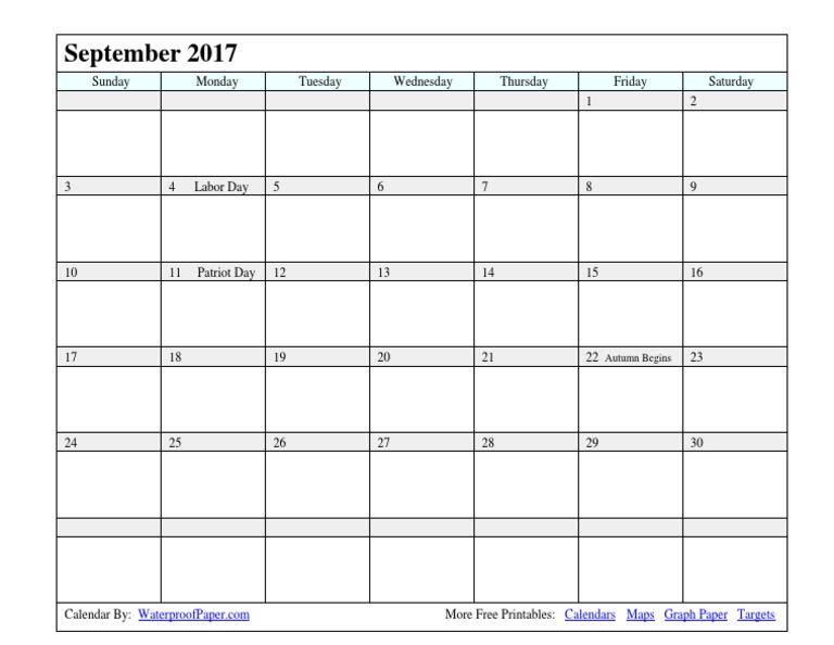 September 2017 Printable Calendar | PDF