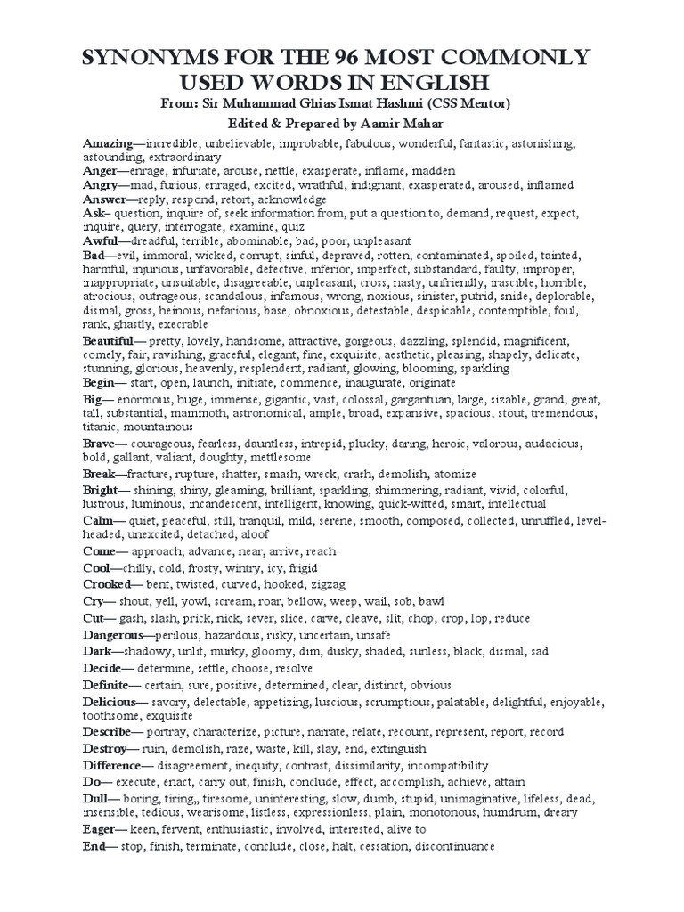 Common English Word Synonyms List | PDF