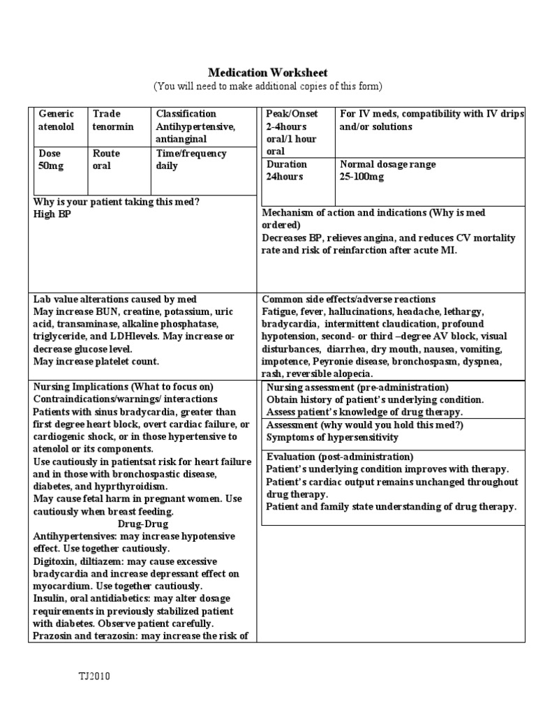 Medication Worksheet: (You Will Need To Make Additional Copies of This ...