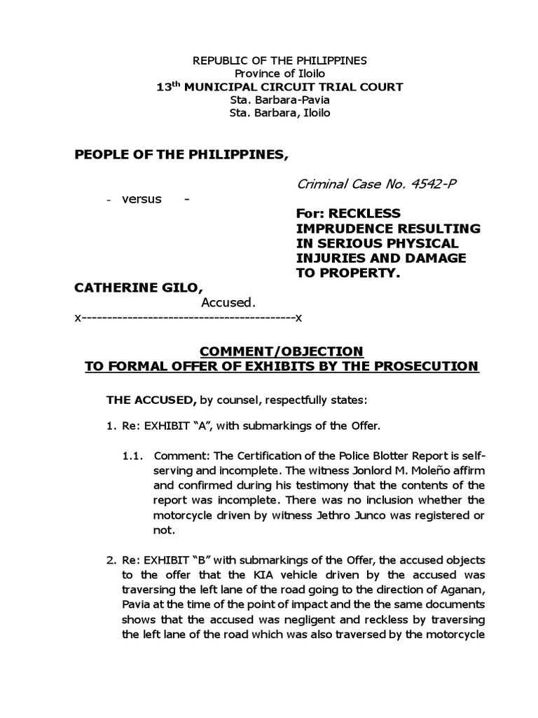 Objection Formal Offer | Testimony | Witness