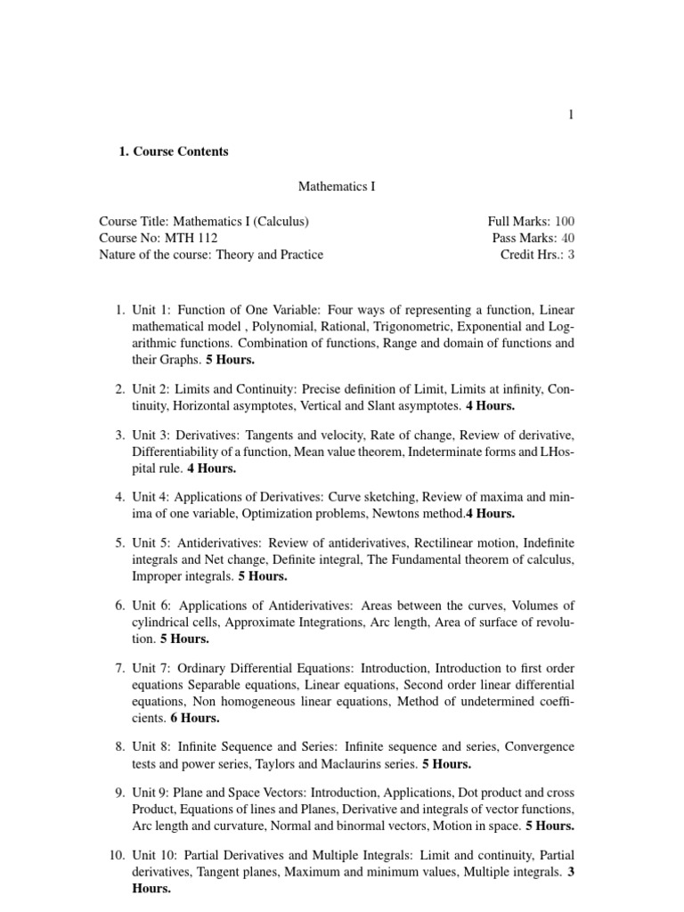 Mathematics I - Calculus (MTH 112) | PDF | Integral | Vector Space