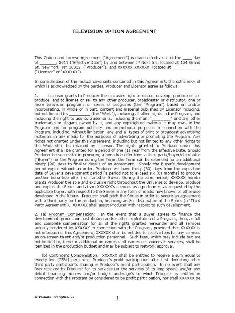 Television Option Agreement 01 | PDF | License | Indemnity