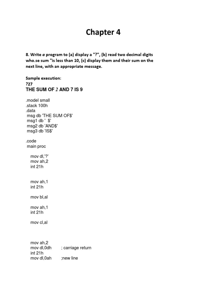 Assembly Language Programming 8086 Exercise Solution Pdf Integer Computer Science