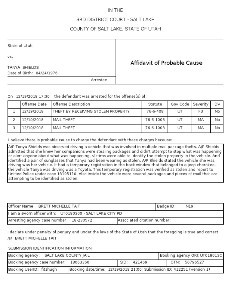 Tanya Shields PC | PDF | Theft | Arrest