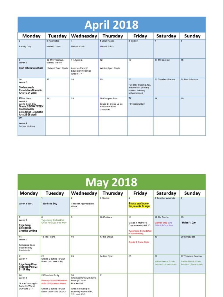 Foundation Phase Term 2 Calendar 2018 | PDF | Observances