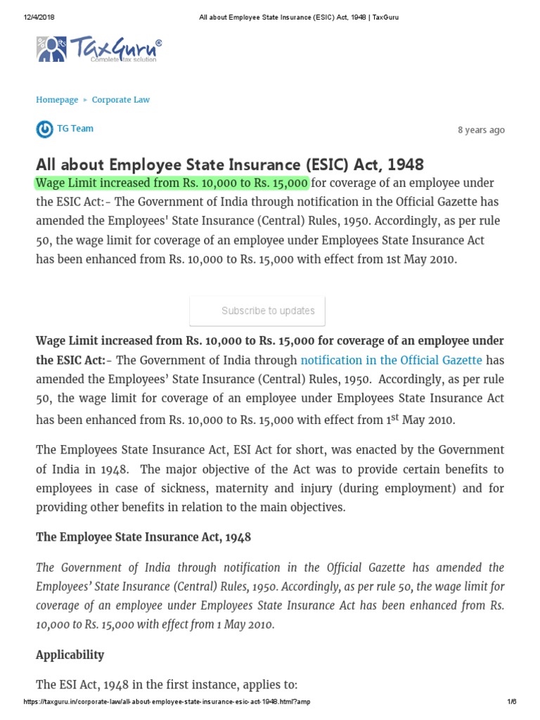All About Employee State Insurance (ESIC) Act, 1948 - TaxGuru | PDF ...