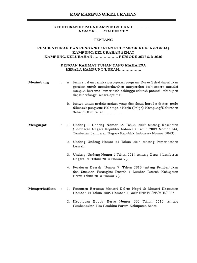 Contoh SK POKJA Kelurahan Sehat | PDF