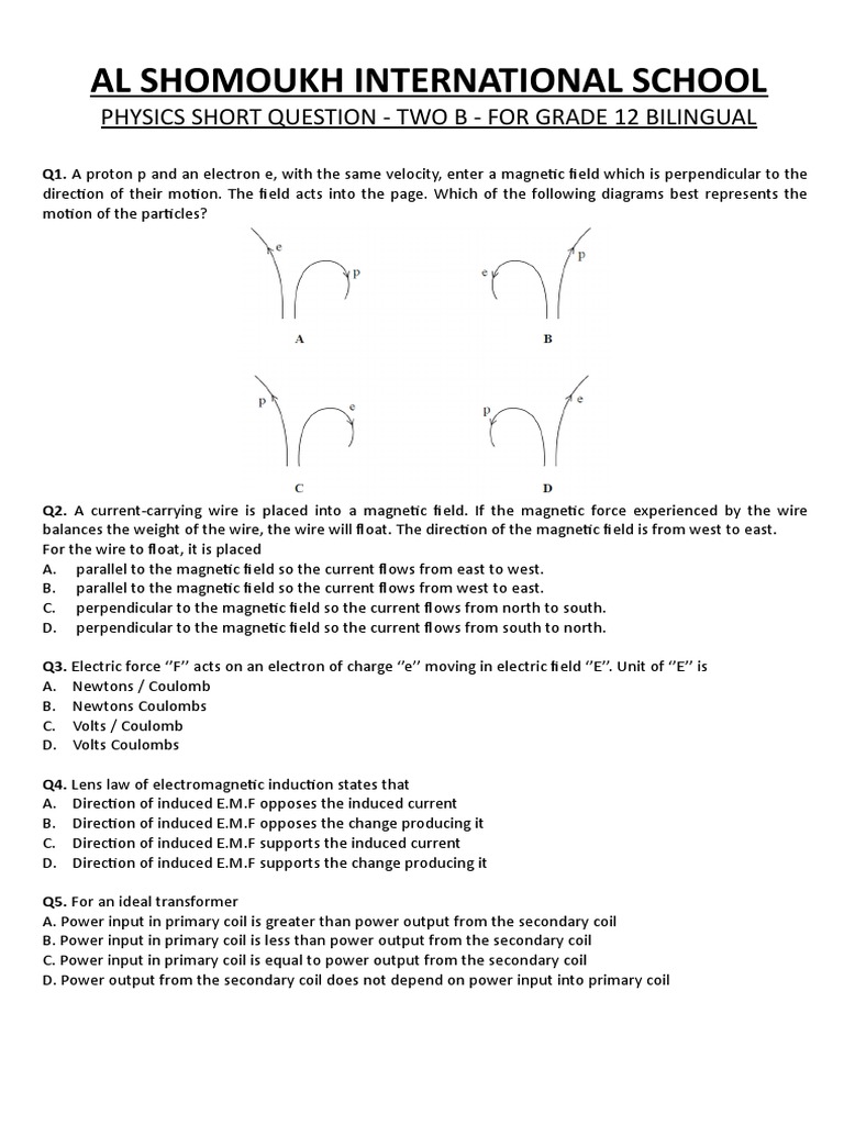 Grade 12 Physics Questions & Answers | PDF | Magnetic Field | Inductor