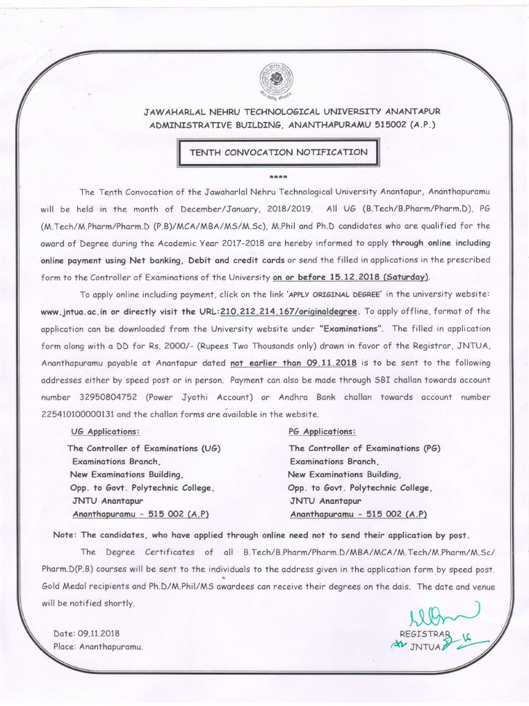 JNTUA 10th Convocation Notification | PDF | Science Education | Career ...