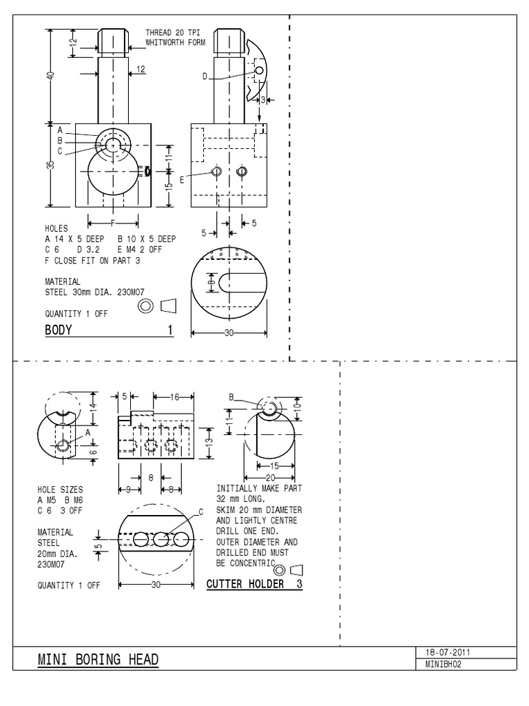 Mini Boring Head Technical Drawing with Machining Instructions | PDF