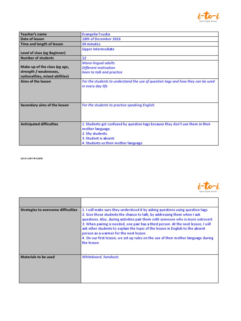 Question Tags - Lesson Plan | PDF | Question | Lesson Plan