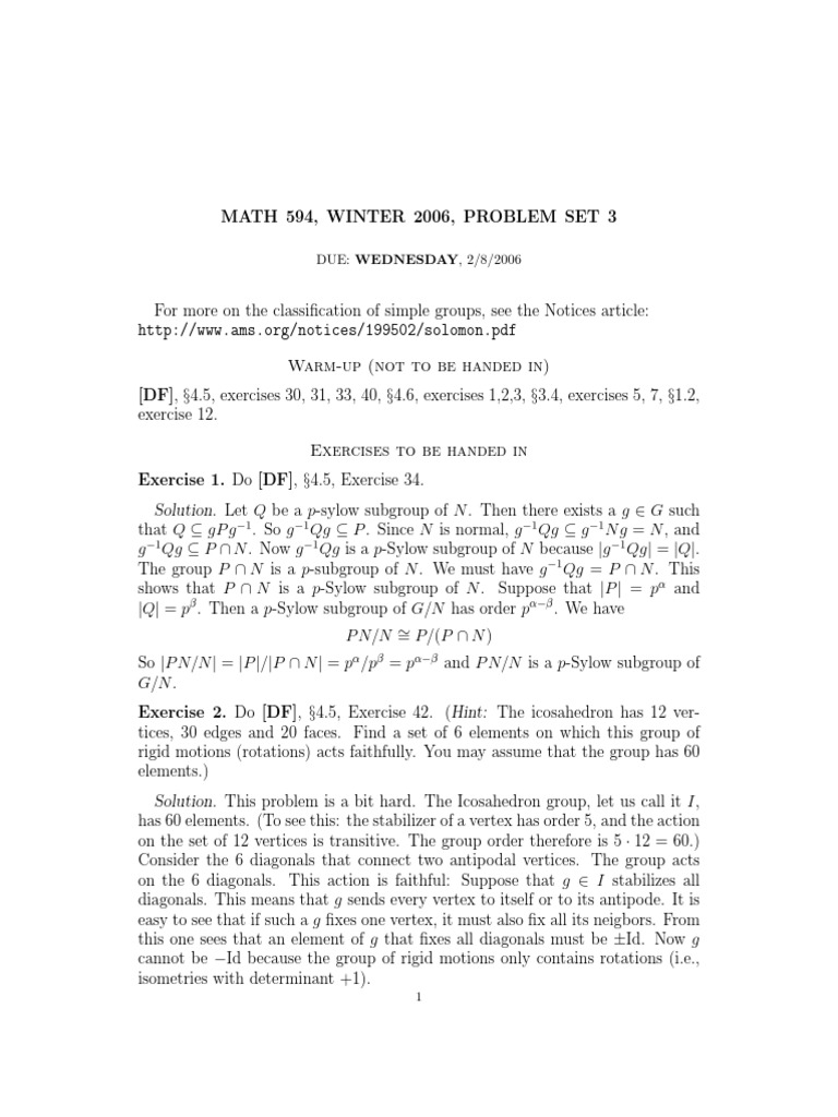 Due: Wednesday, 2/8/2006 | PDF | Index Of A Subgroup | Group (Mathematics)