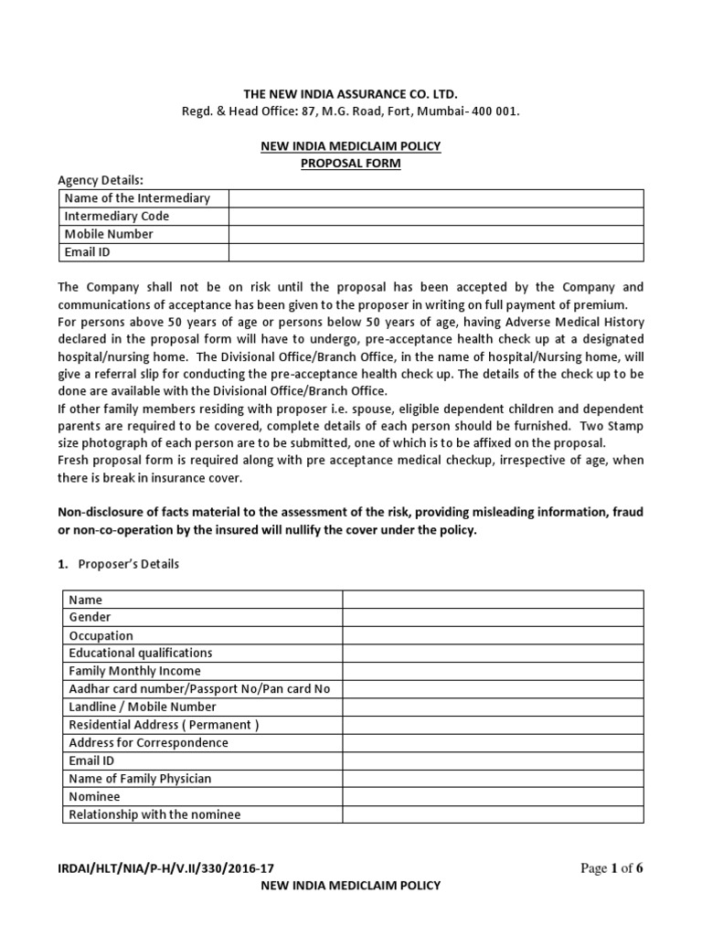 New India Mediclaim Proposal Form | PDF | Insurance | Wellness