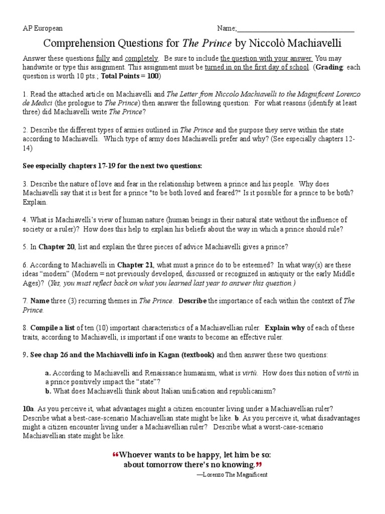 Comprehension Questions For The Prince by Niccolò Machiavelli | PDF ...
