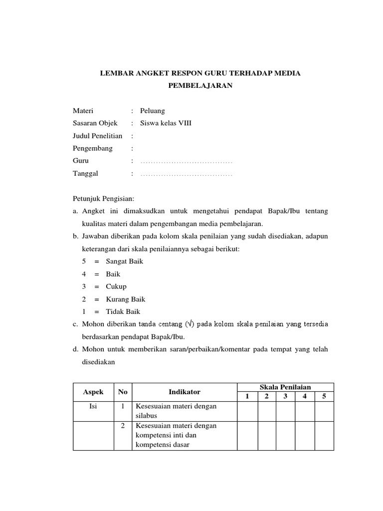 Lembar Angket Respon Guru. | PDF