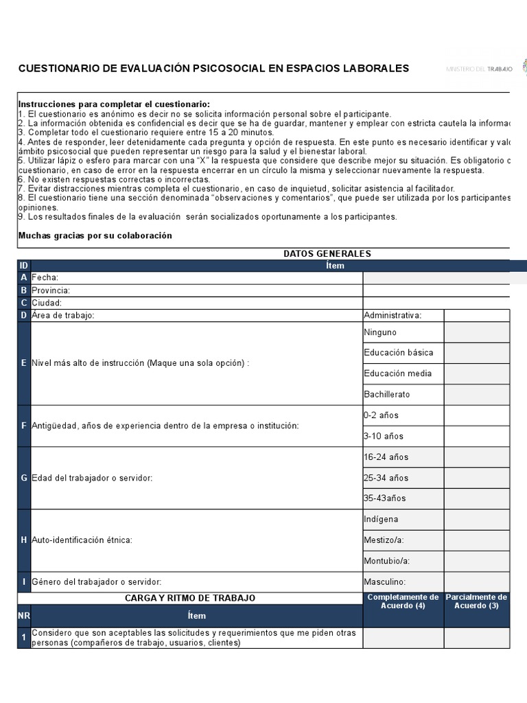 Cuestionario de Evaluación de Riesgos Psicosociales | Cuestionario | Invalidez