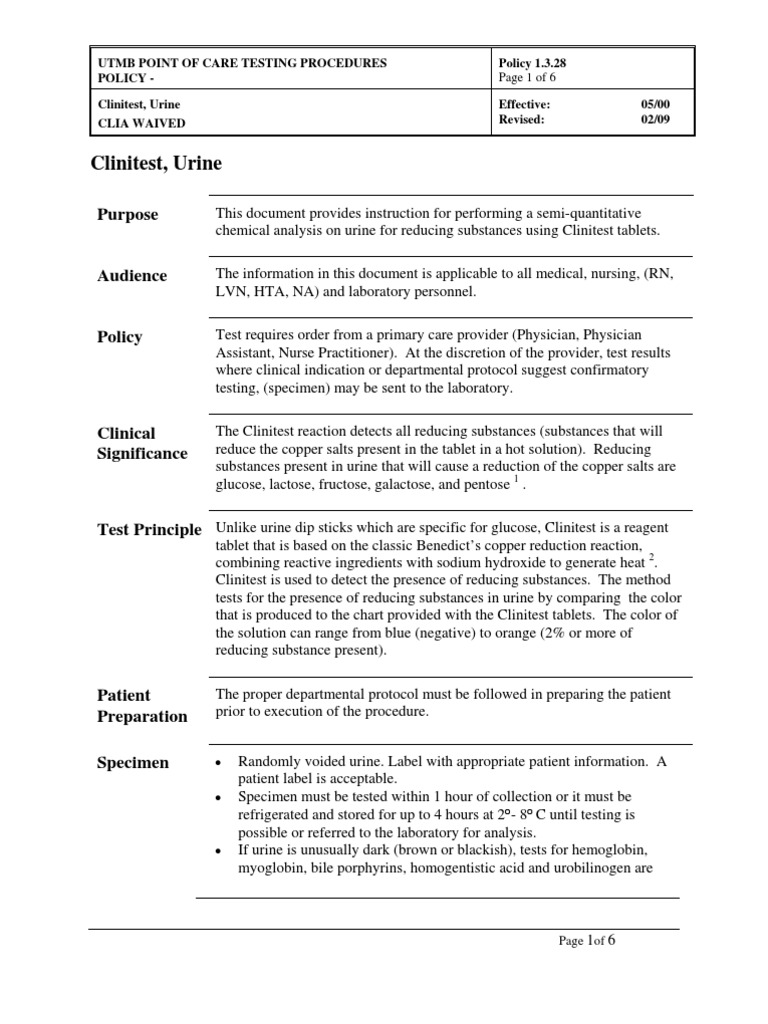 Clinitest Urine Testing Procedure | PDF | Sodium Hydroxide | Chemical ...