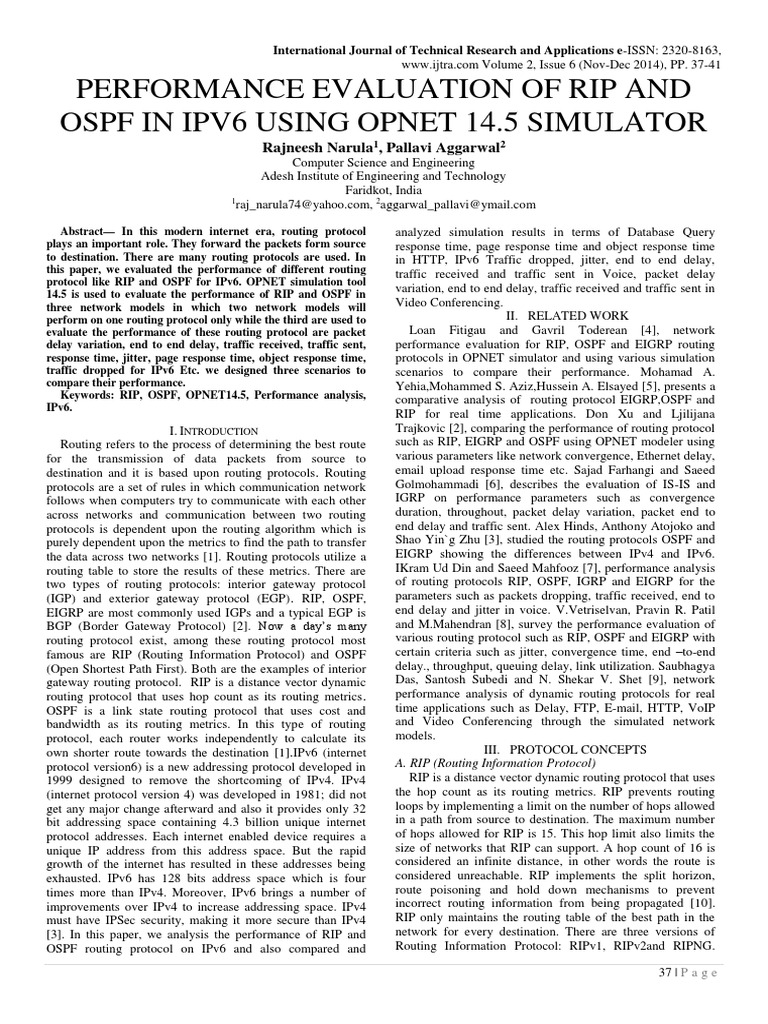 Performance Evaluation of Rip and Ospf in Ipv6 Using Opnet 14.5 ...