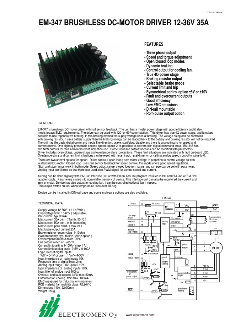 Em-347 Brushless Dc-Motor Driver 12-36V 35A: Electromen Oy | PDF ...