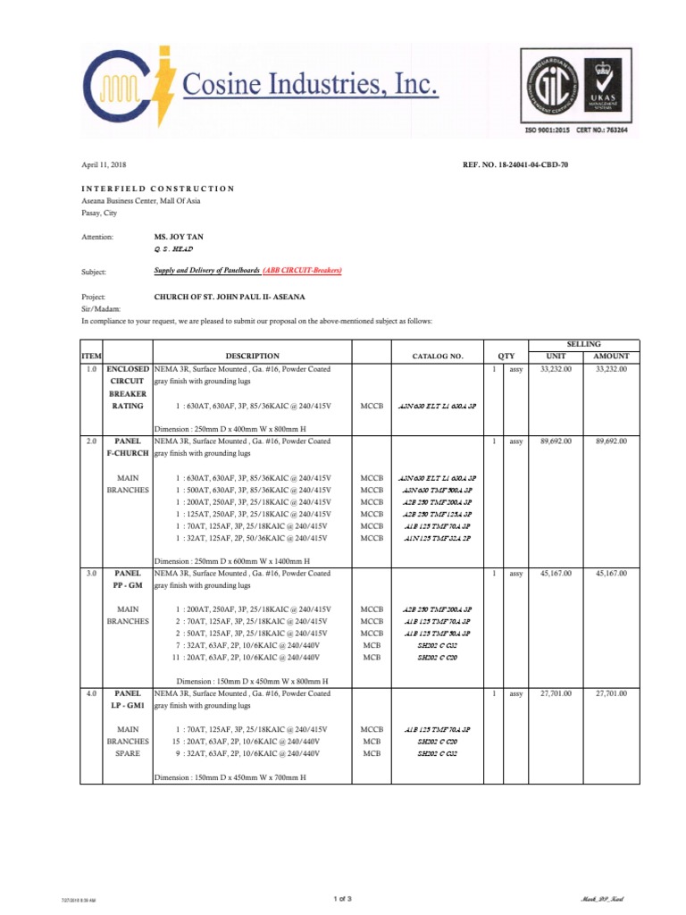 ABB Circuit Breaker Panel Proposal | PDF | Business Documents | Accounting