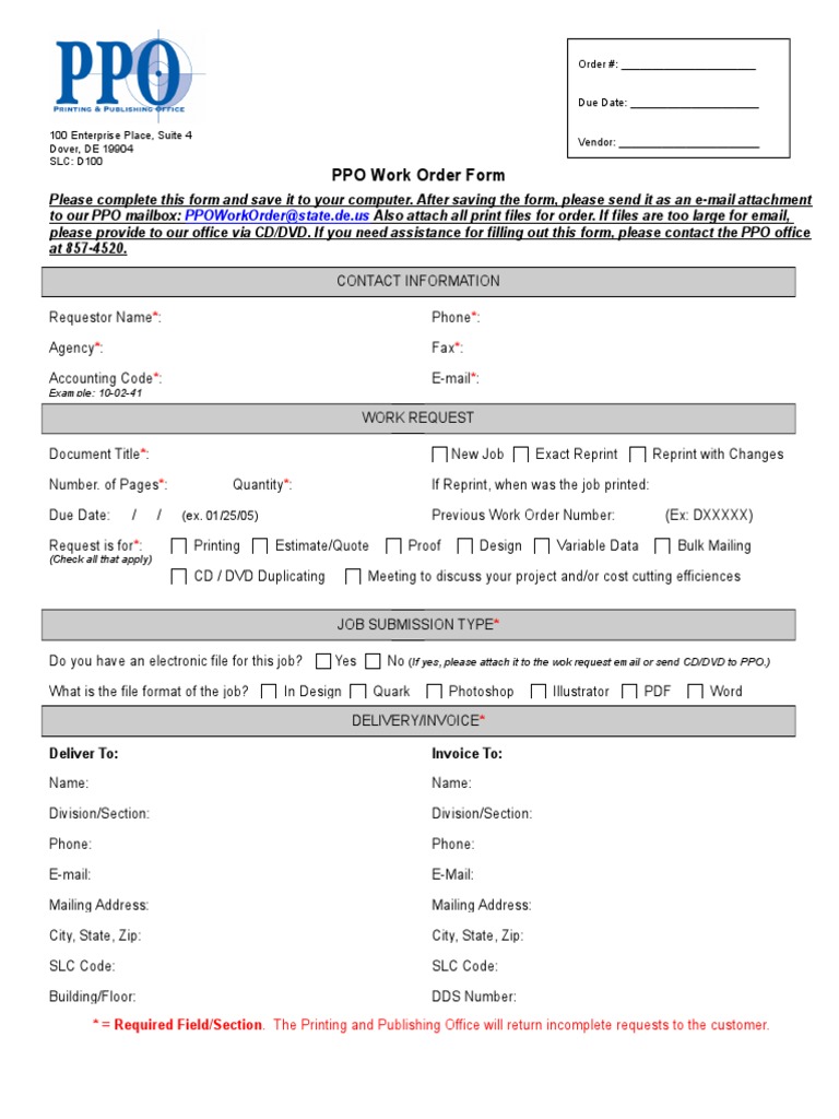 Ppo Work Order Form: Ppoworkorder@State - De.Us | PDF | Paper | Written ...