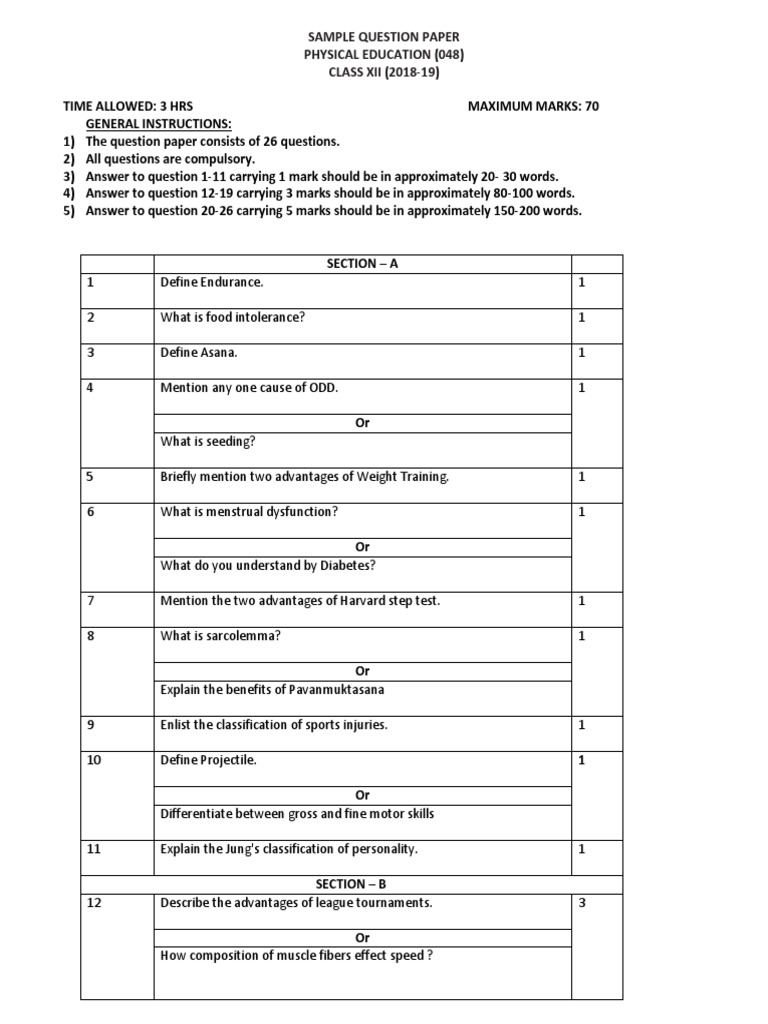 Sample Question Paper Physical Education (048) CLASS XII (2018-19 ...