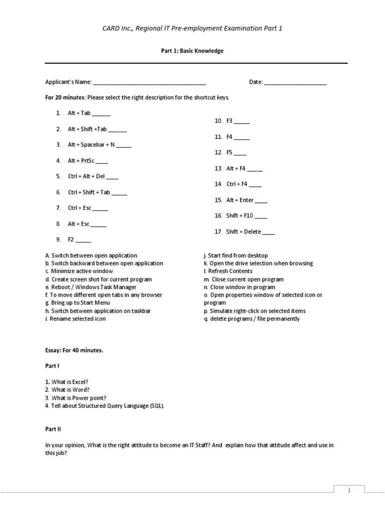 CARD Inc., Regional IT Pre-Employment Examination Part 1 | PDF | Tab ...