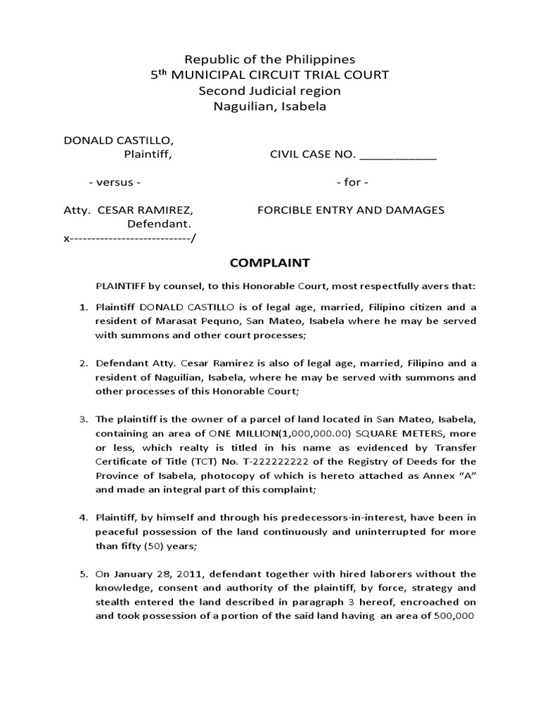 Complaint For Forcible Entry | PDF | Complaint | Lease