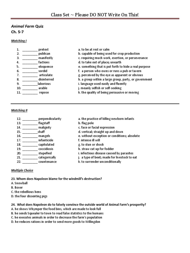 Animal Farm Quiz: Chapters 5-7 | PDF | Animals And Humans