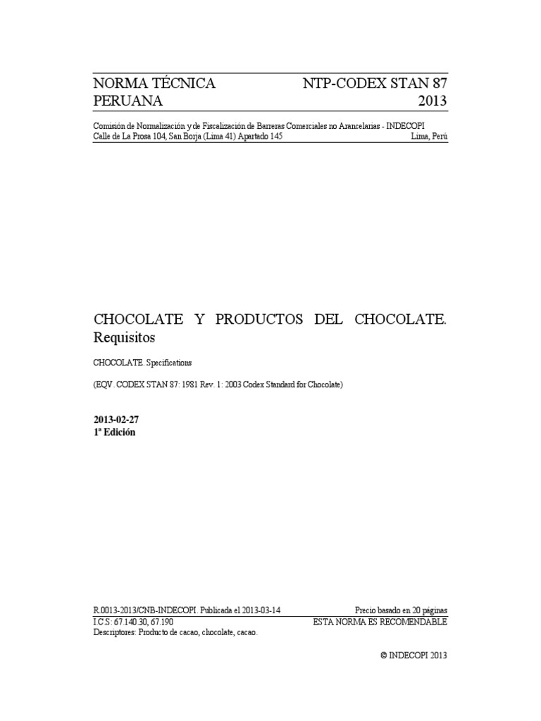 Ntp-Codex Stan 87.2013 Chocolate y Productos Del Chocolate | PDF ...