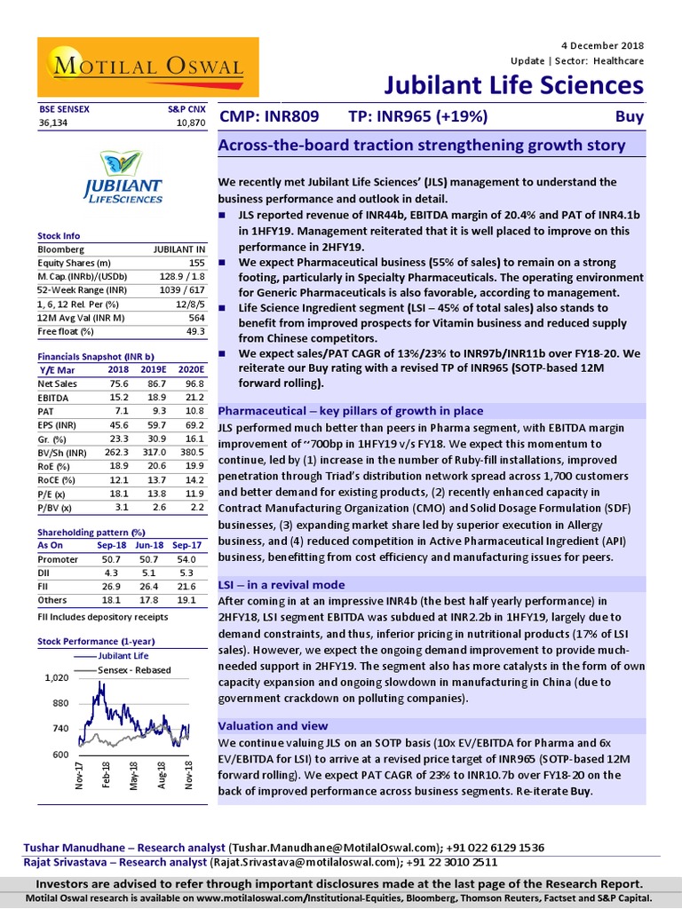 Jubilant Life Sciences: CMP: INR809 Across-The-Board Traction ...
