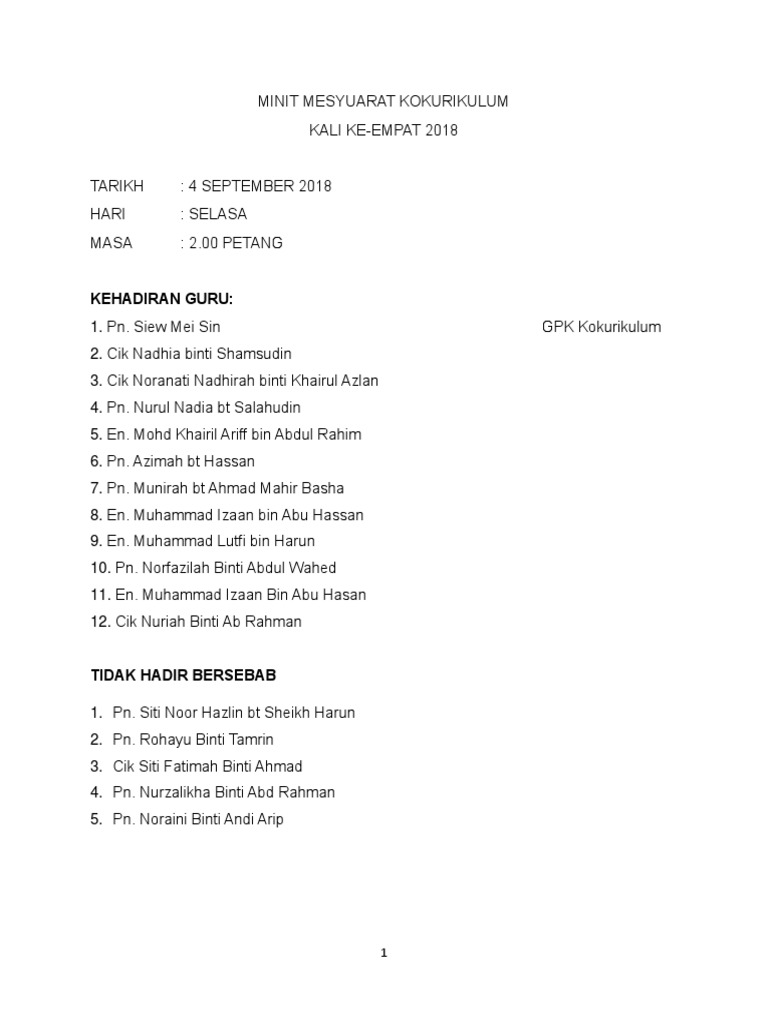 Contoh Minit Mesy Koko 4 2018 | PDF