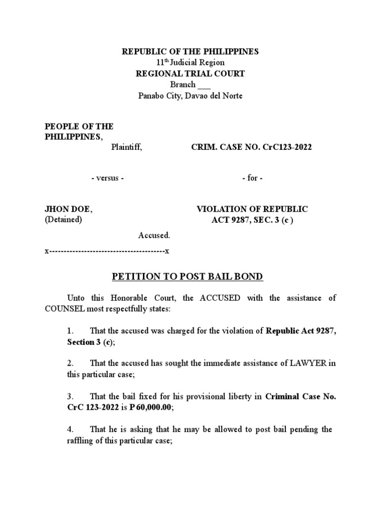 Motion To Post Bailbond - JOHN DOE | PDF | Bail | Legal Procedure