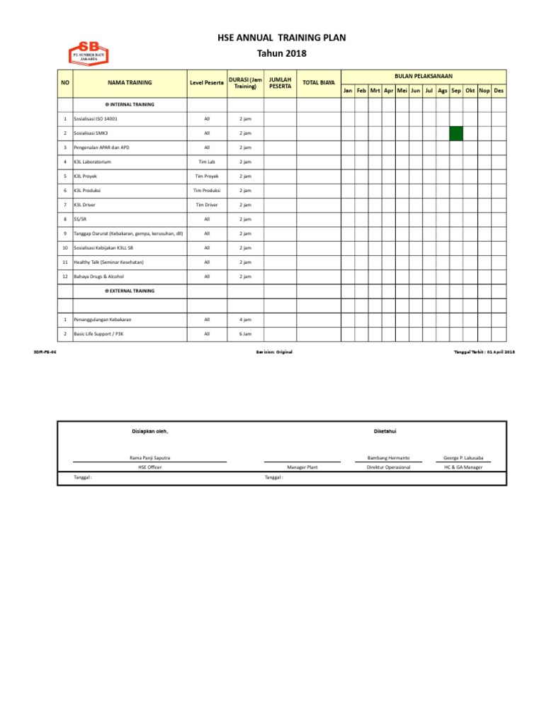 Form Jadwal Training Tahunan - HSE (Version 1) | PDF