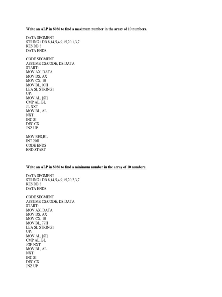 8086 ALP: Find Max & Min in Array | PDF