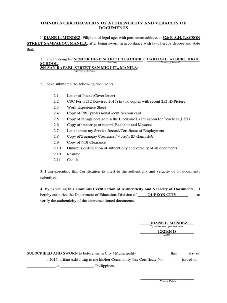 Omnibus Certification of Authenticity and Veracity of Documents ...