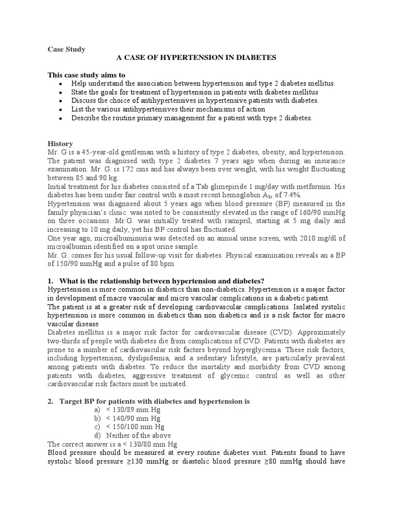 A Case of Hypertension in Diabetes This Case Study Aims To | PDF ...