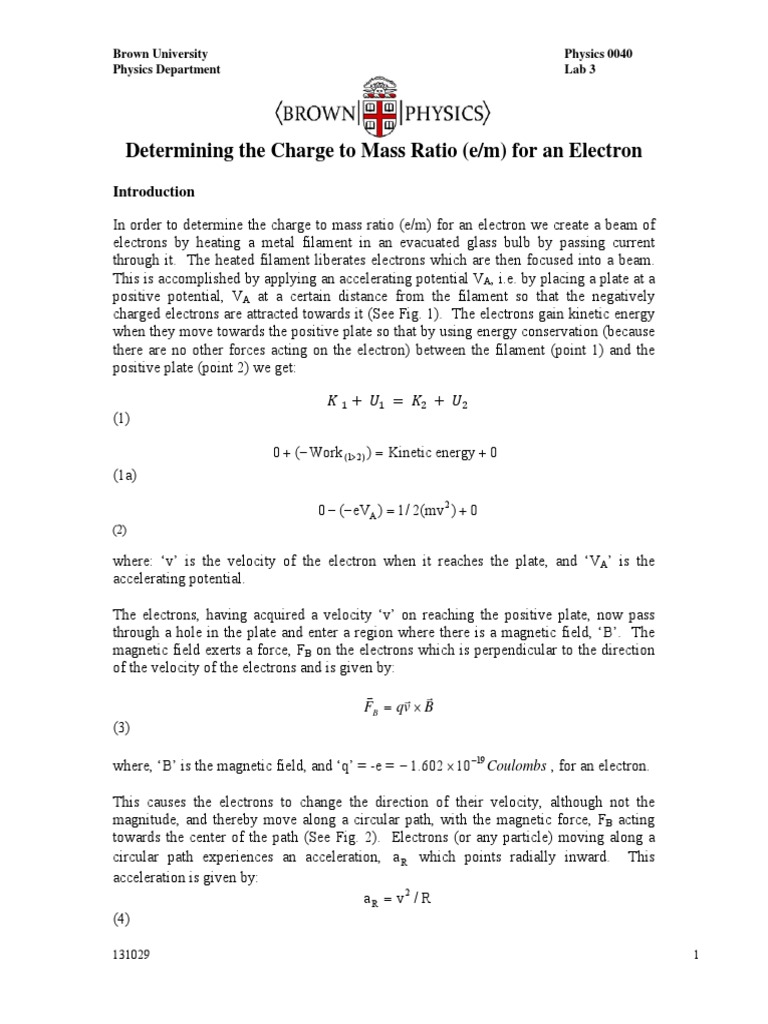 Determining the Charge to Mass Ratio of an Electron Using Deflection of ...