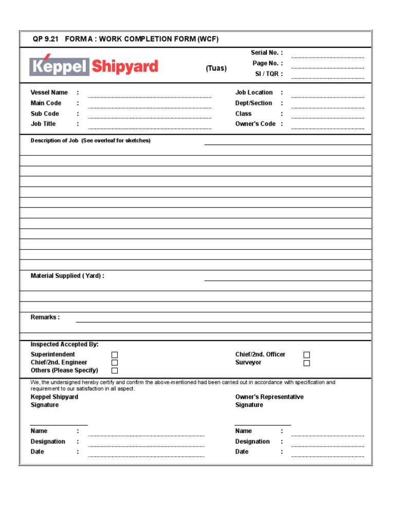 QP 9.21 Form A: Work Completion Form (WCF) : Description of Job (See ...