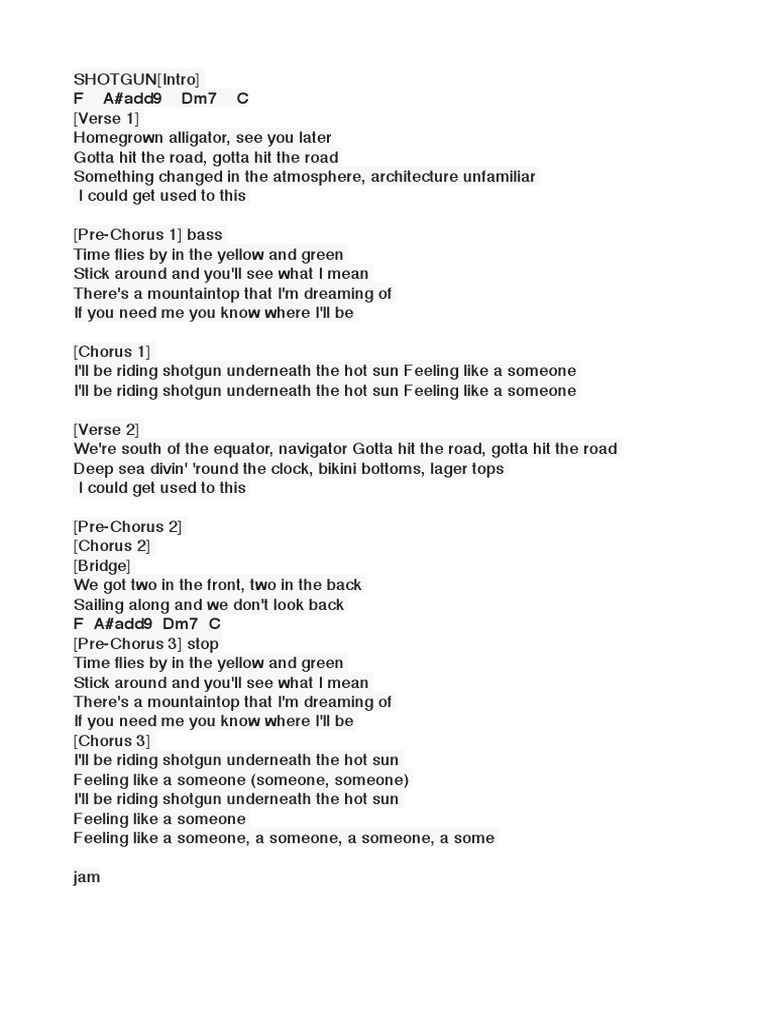 Shotgun: Lyrics and Chords Guide | PDF