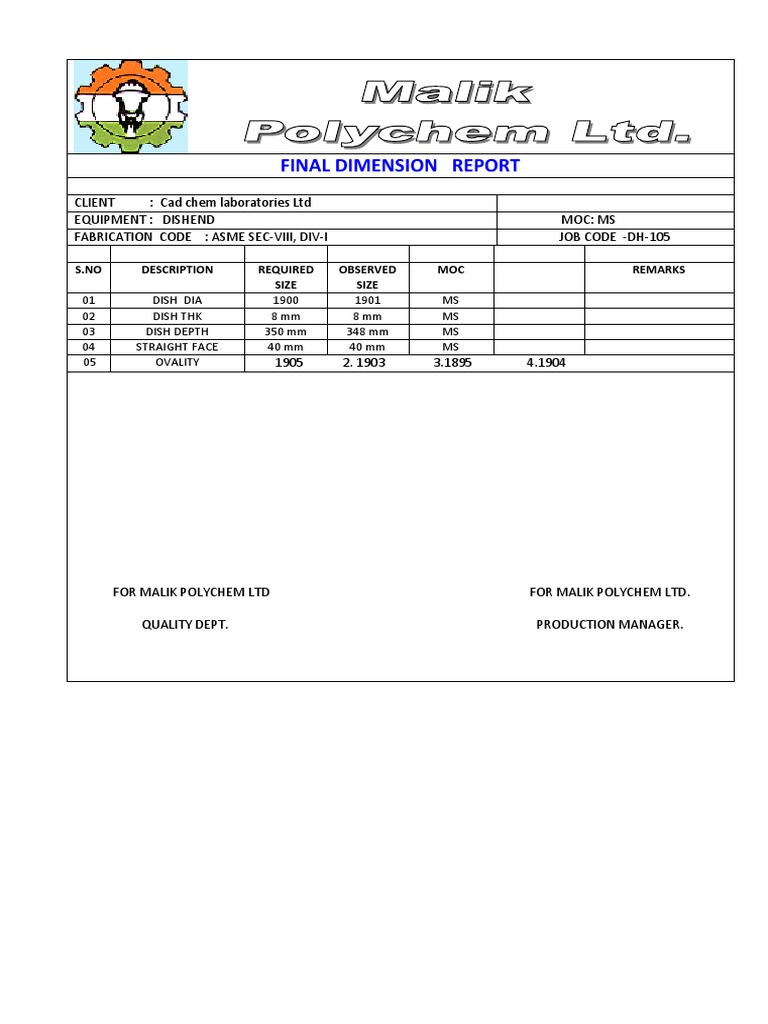 Final Dimension Report: S.No Description Required Size Observed Size ...