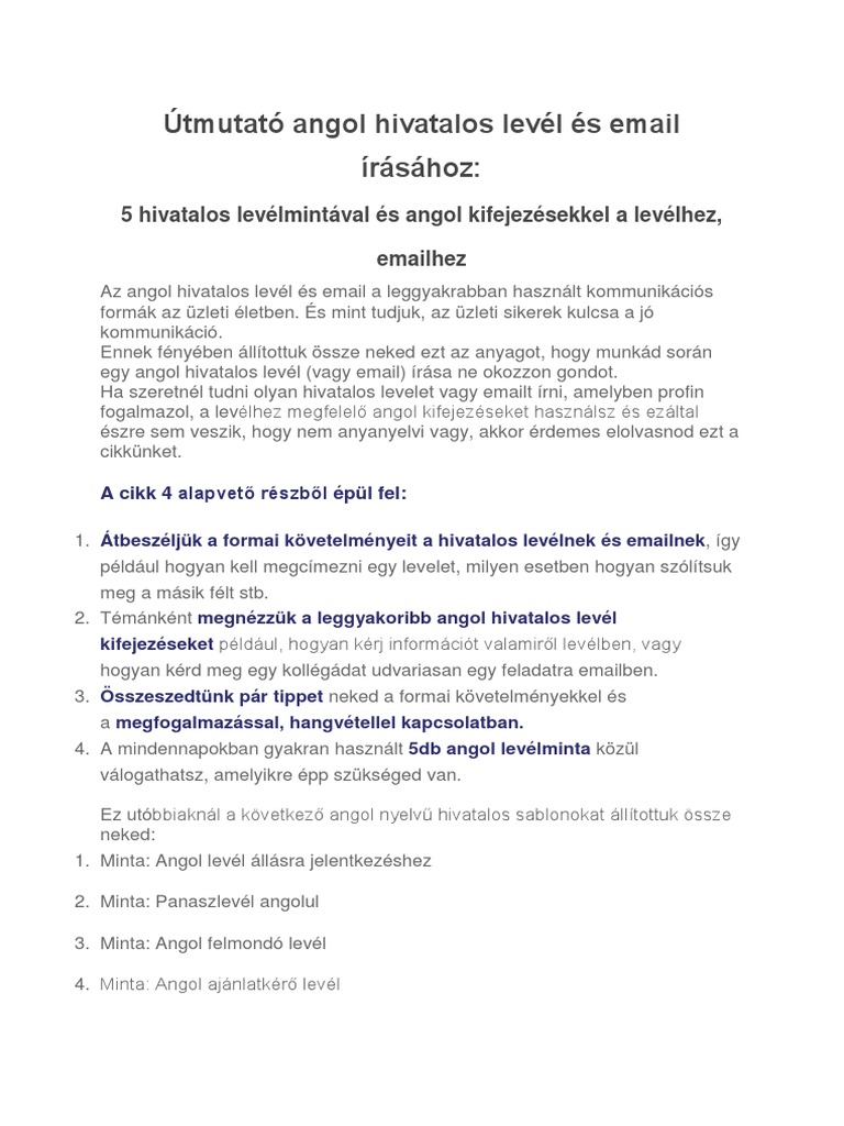 Útmutató Angol Hivatalos Levél És Email Írásához | PDF