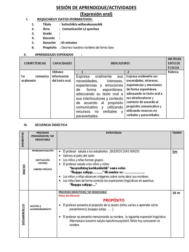 Sesion de Aprendizaje en Quechua | PDF | Maestros | Pedagogía
