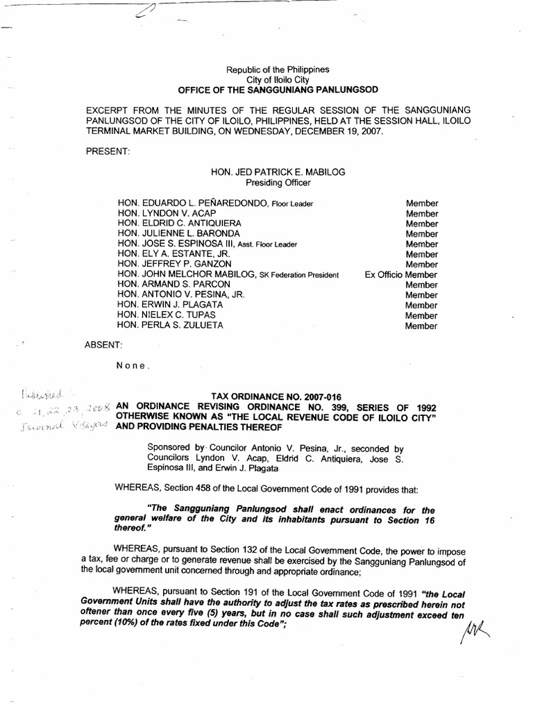 Tax Ordinance of Iloilo City 2007-016 | PDF