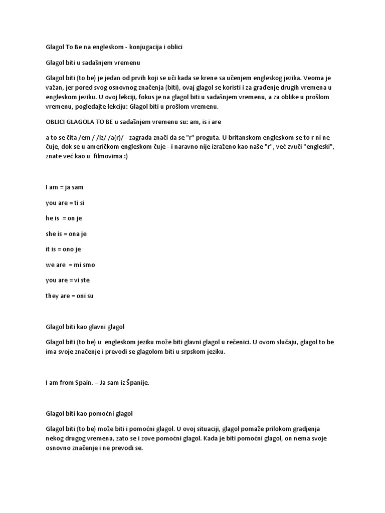 Glagol To Be Na Engleskom | PDF