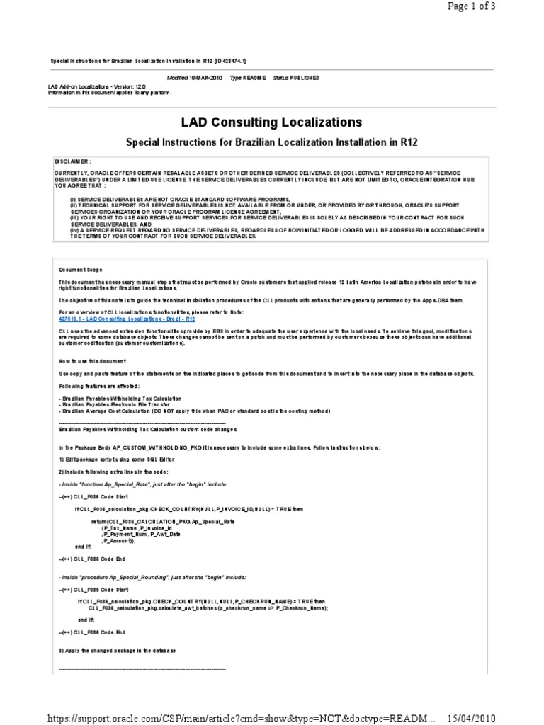 Brazilian Localization Install Instructions | PDF | Oracle Database | Sql