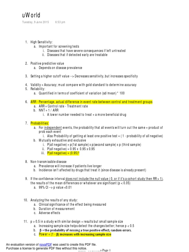 Ethics and Biostats Uworld Notes | PDF | Sensitivity And Specificity ...