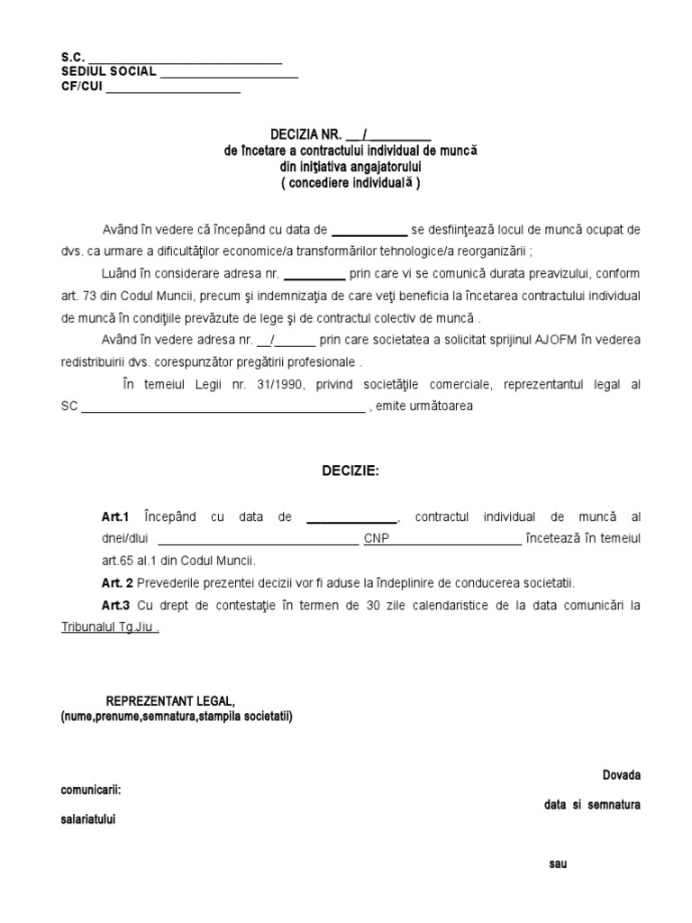 Model Incetare Cim-Somaj-Art.65.alin.1 | PDF